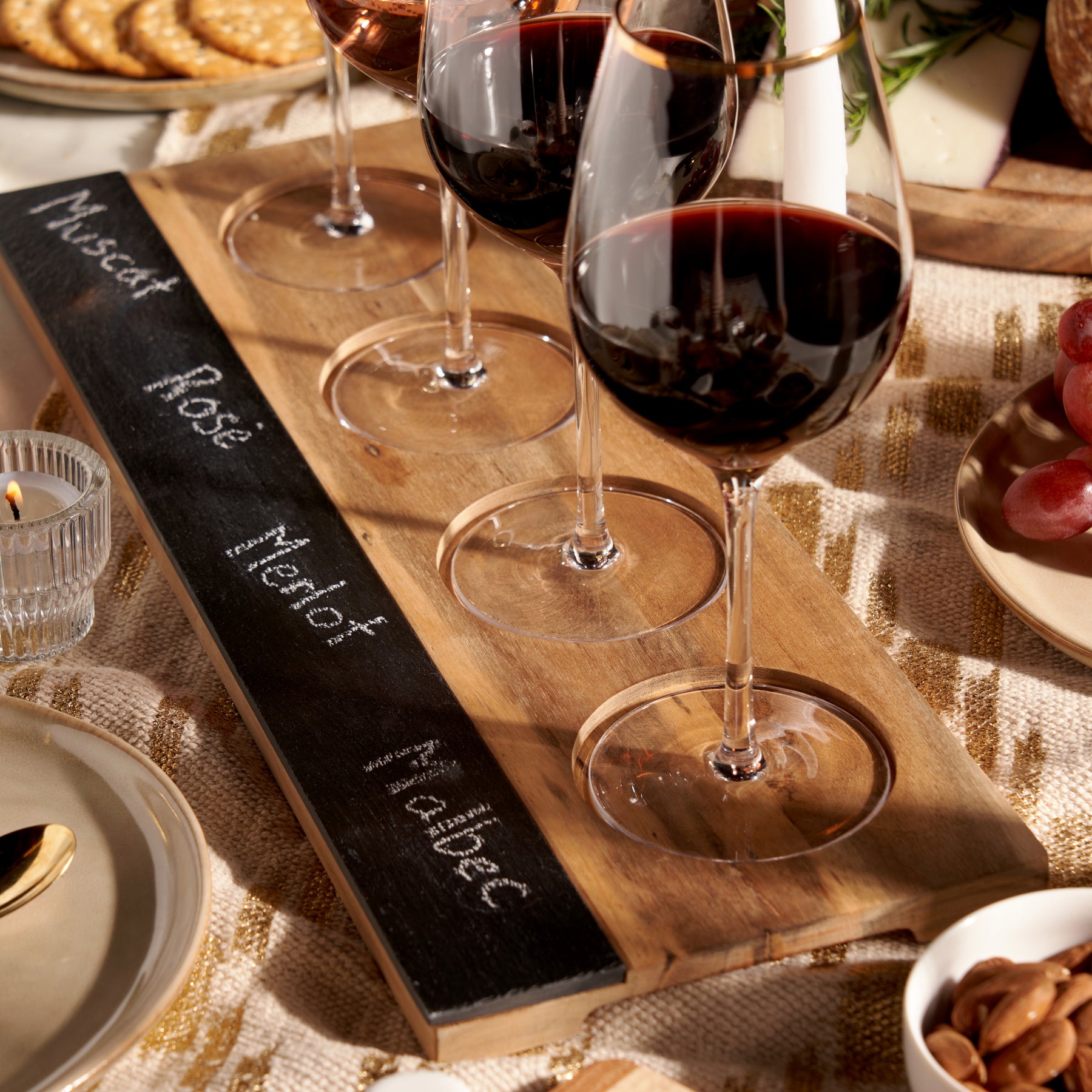 Twine Wine Flight Board with Slate Chalkboard & Acacia Wood Tray, Holds ...